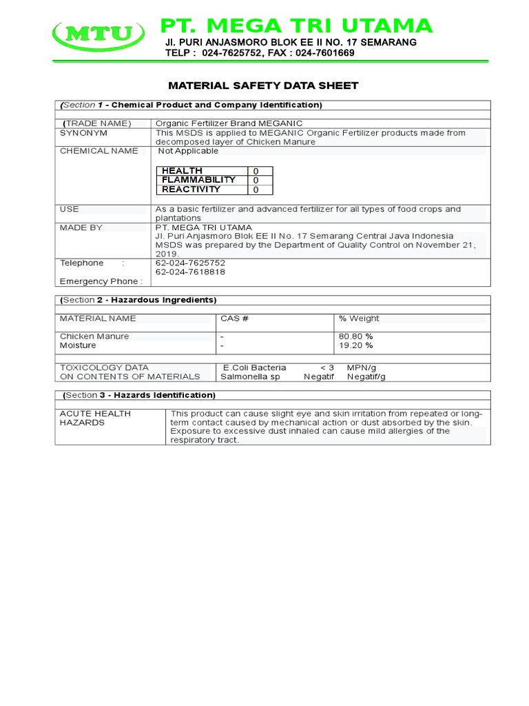 Meganic MSDS | PDF | Dangerous Goods | Medical Specialties