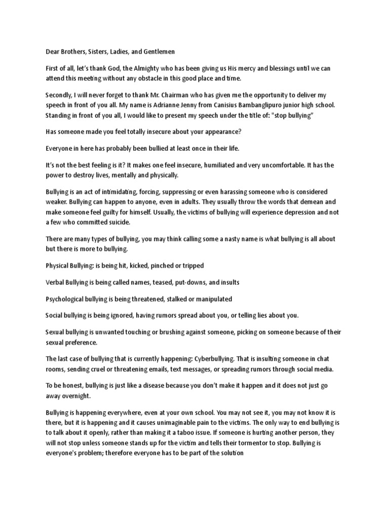 Speech STOP BULLYING | PDF | Bullying | Cyberbullying