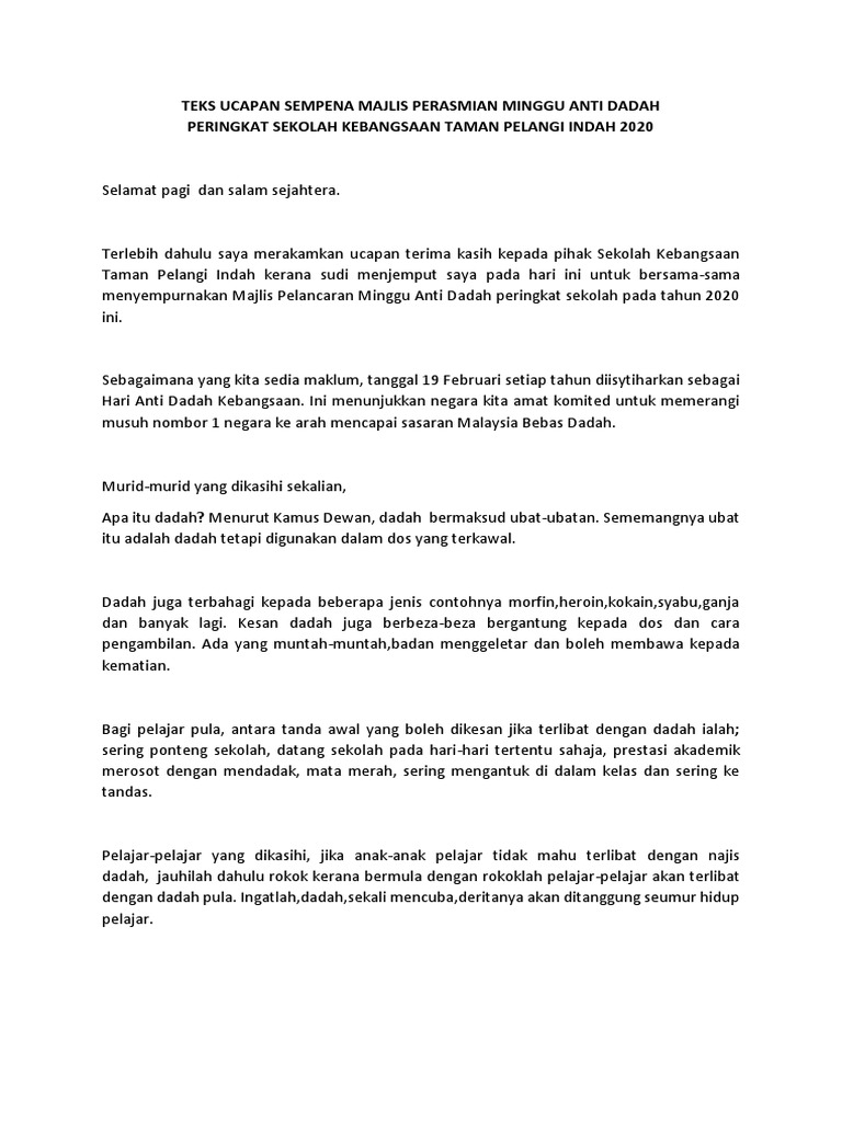 TEKS UCAPAN SEMPENA MAJLIS PERASMIAN MINGGU ANTI DADAH (Perasmi) | PDF