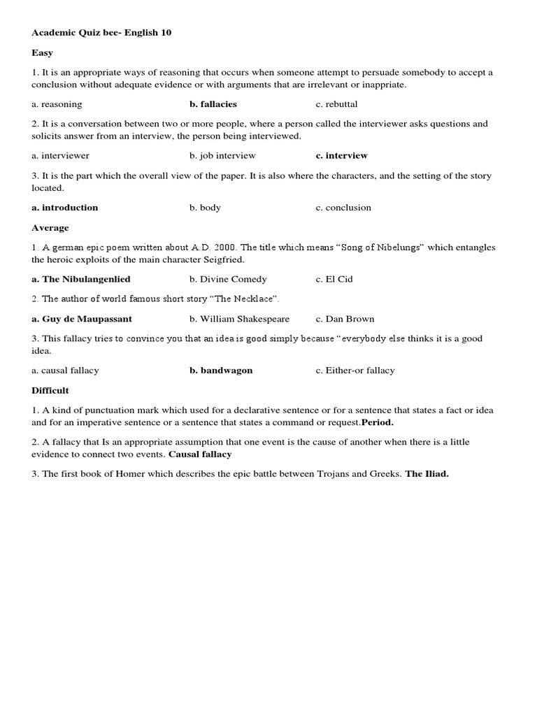 Academic Quiz Bee G11 | PDF | Fallacy | Verb