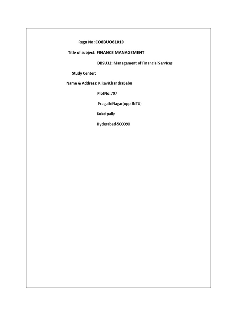 CO8BUO61010 Finance Management: Regn No | PDF | Business | Finance & Money Management