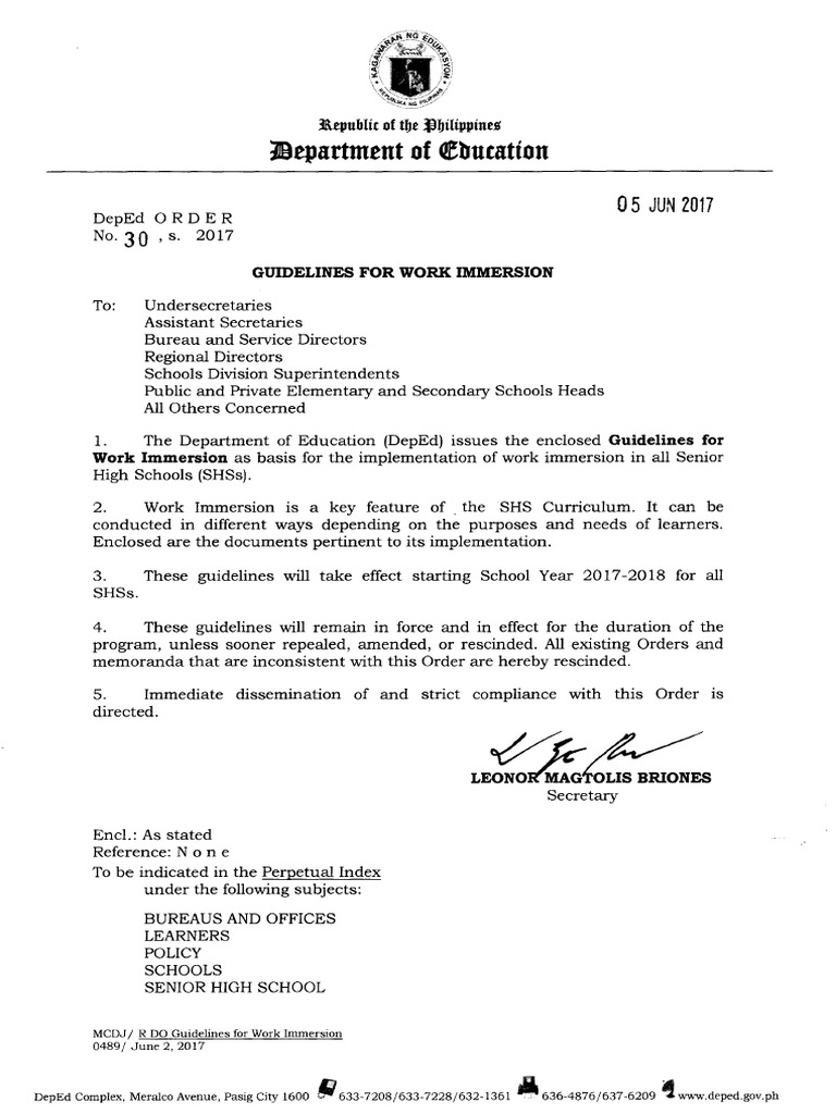 DepEd Order No 30 S 2017 (Guidelines For Work Immersion PDF | PDF