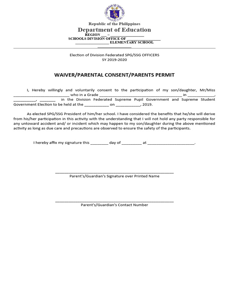 Waiver, Parental Consent, Parents Permit - SPG | PDF