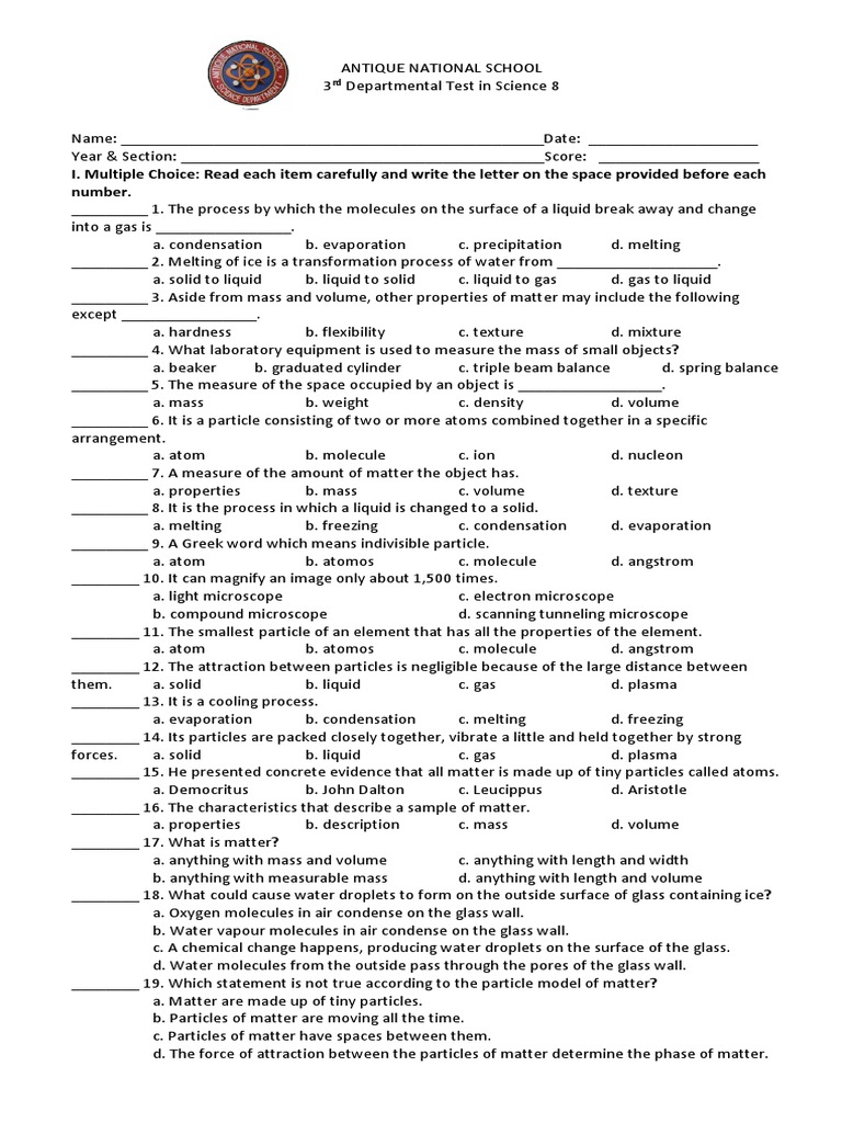 Science Test for Grade 8 Students | PDF | Digestion | Human Digestive ...
