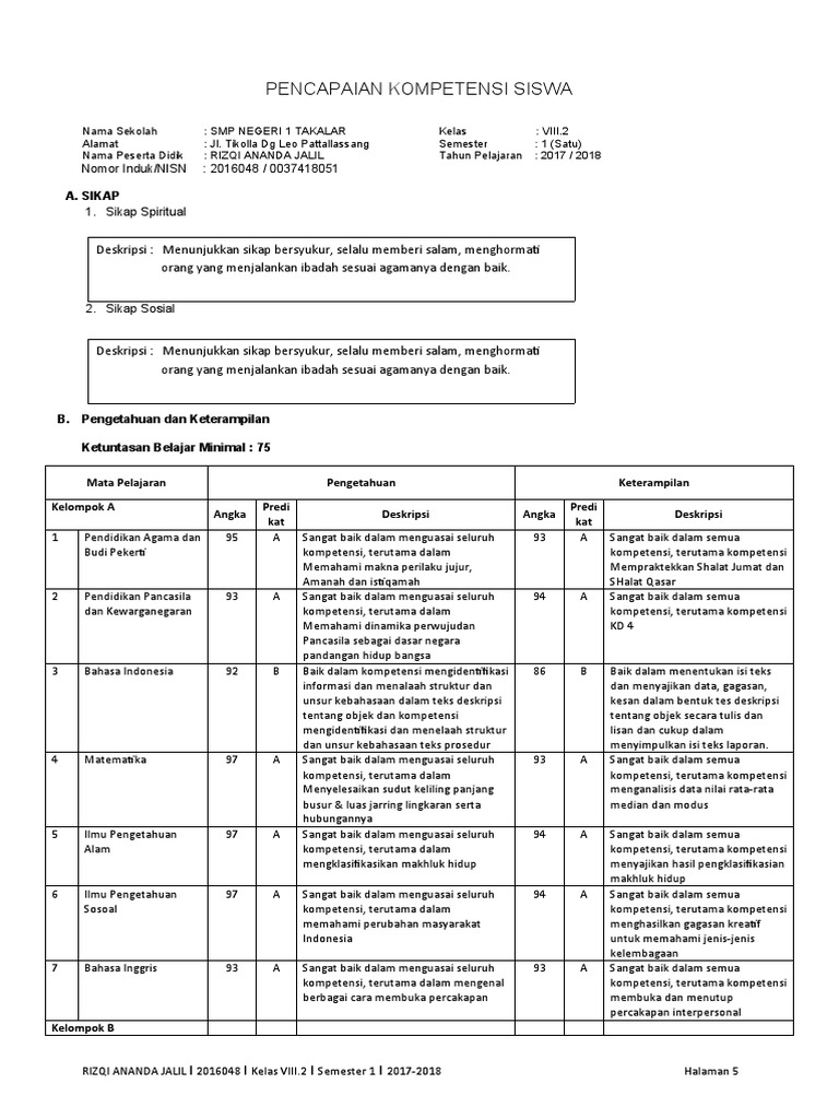 Contoh Rapor 2015 | PDF