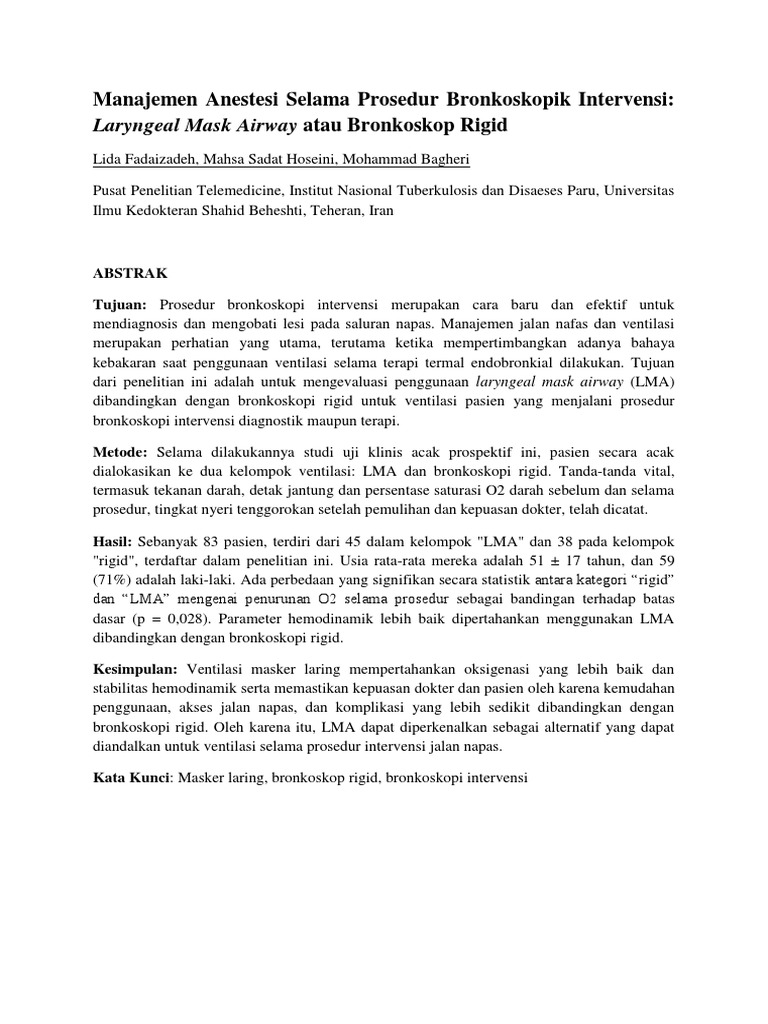 LMA vs. Bronkoskop Rigid dalam Anestesi Bronkoskopi | PDF
