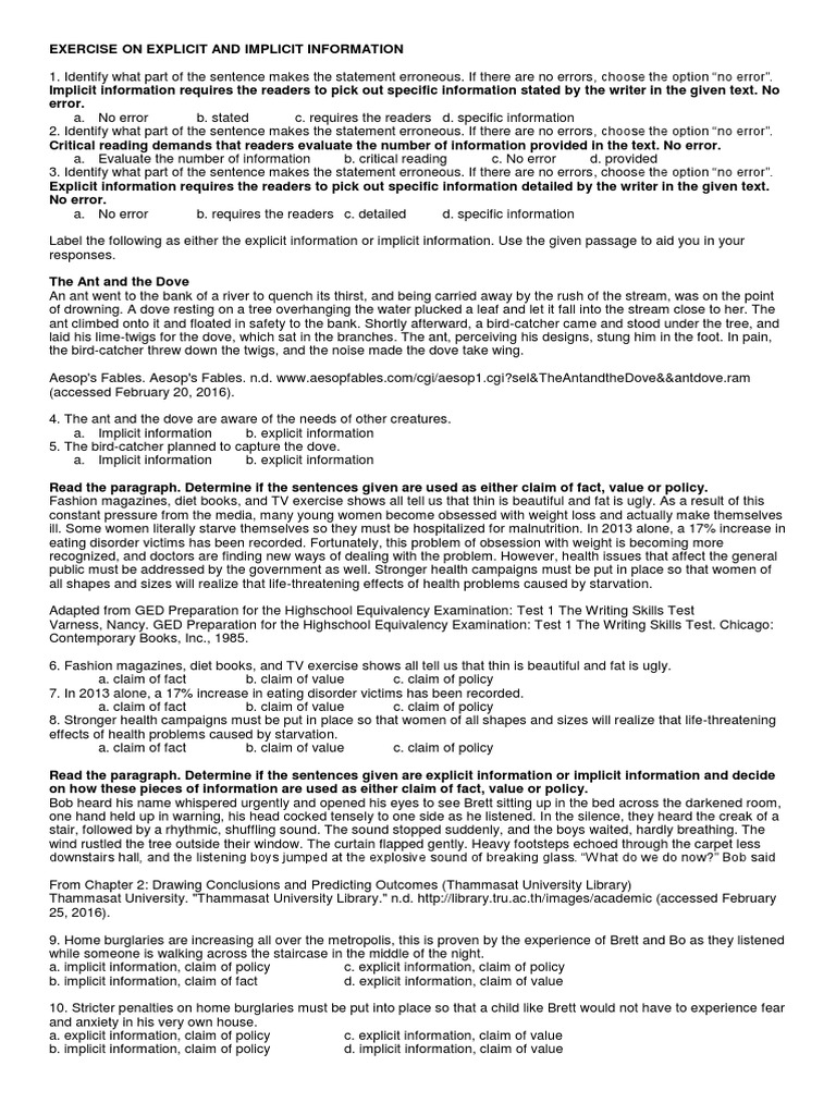 EXERCISE ON Explicit and Implicit Information | PDF | Eating Disorder ...