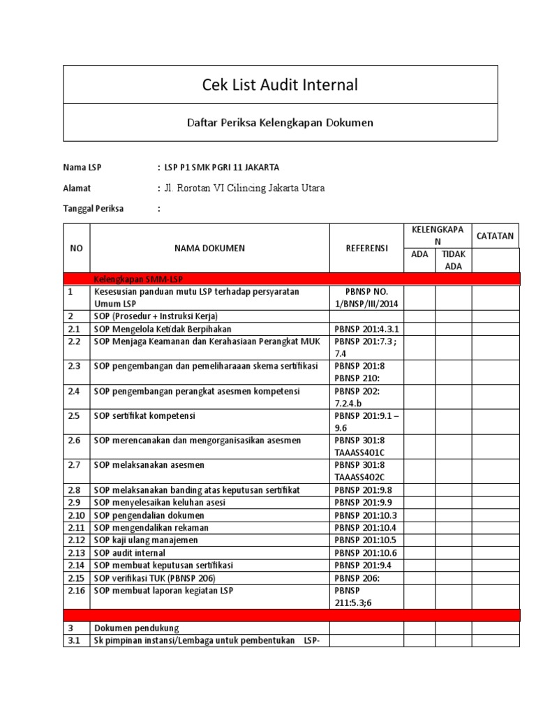Cek List Audit Internal | PDF