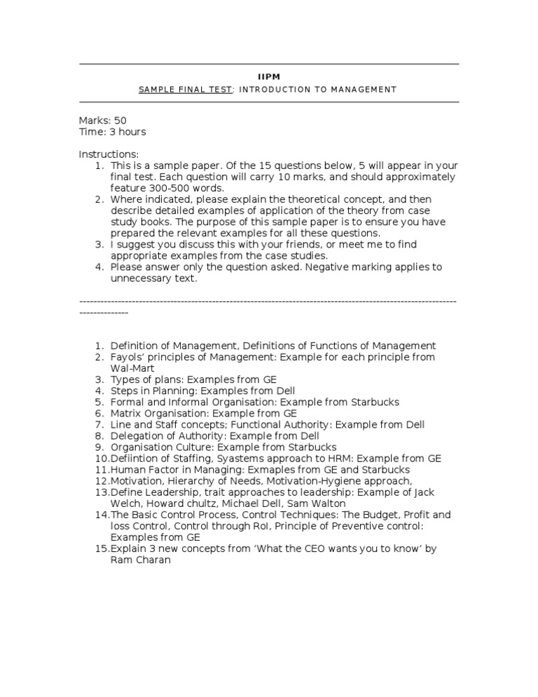 Sample Management Test Questions Guide | PDF | Career & Growth