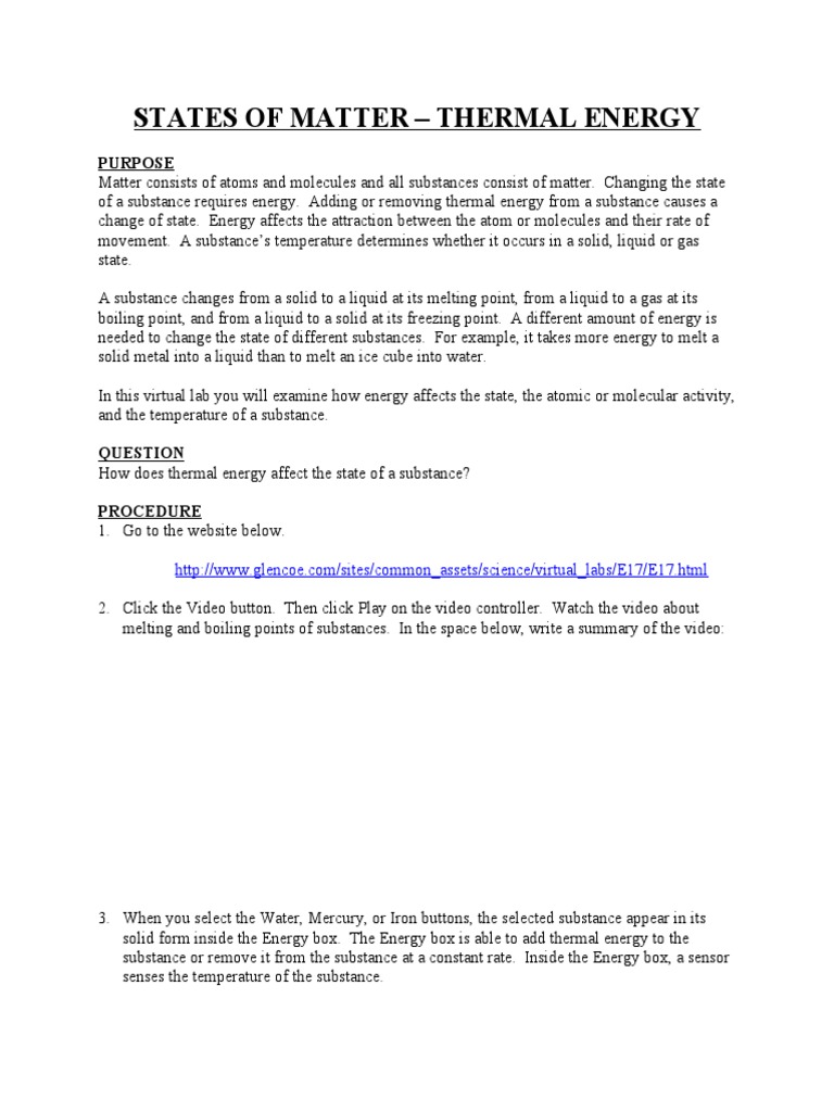 Thermal Energy Virtual Lab | PDF | Melting Point | Liquids