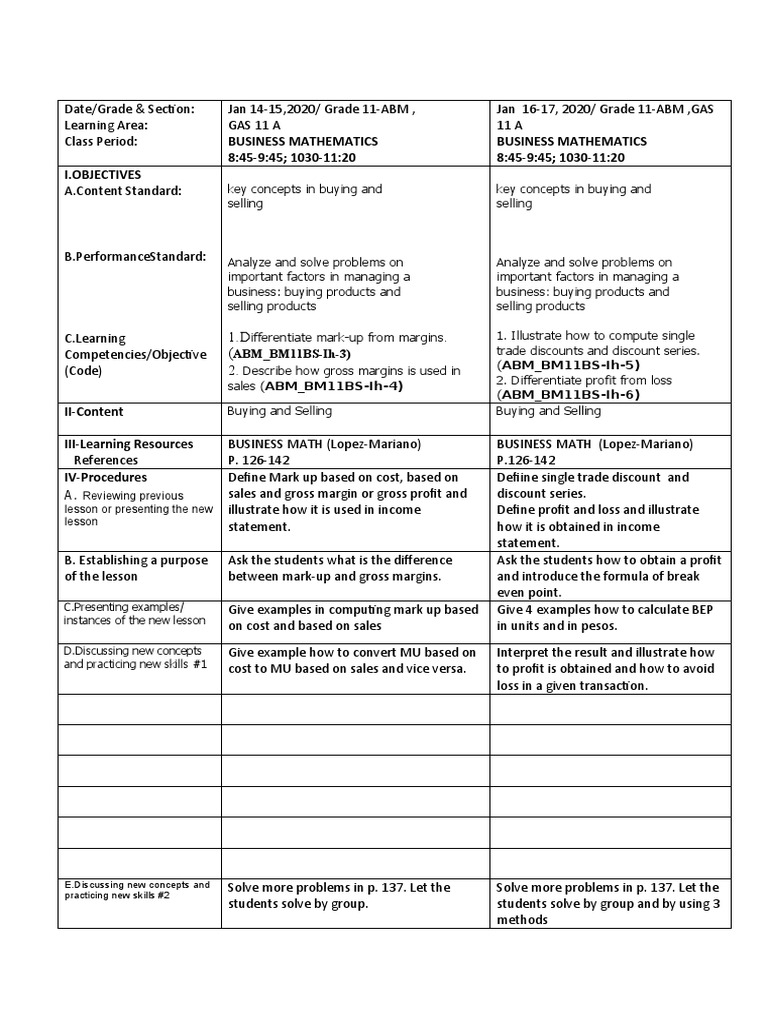Business Math Lesson Plan 6 2020 | PDF | Gross Margin | Teaching ...