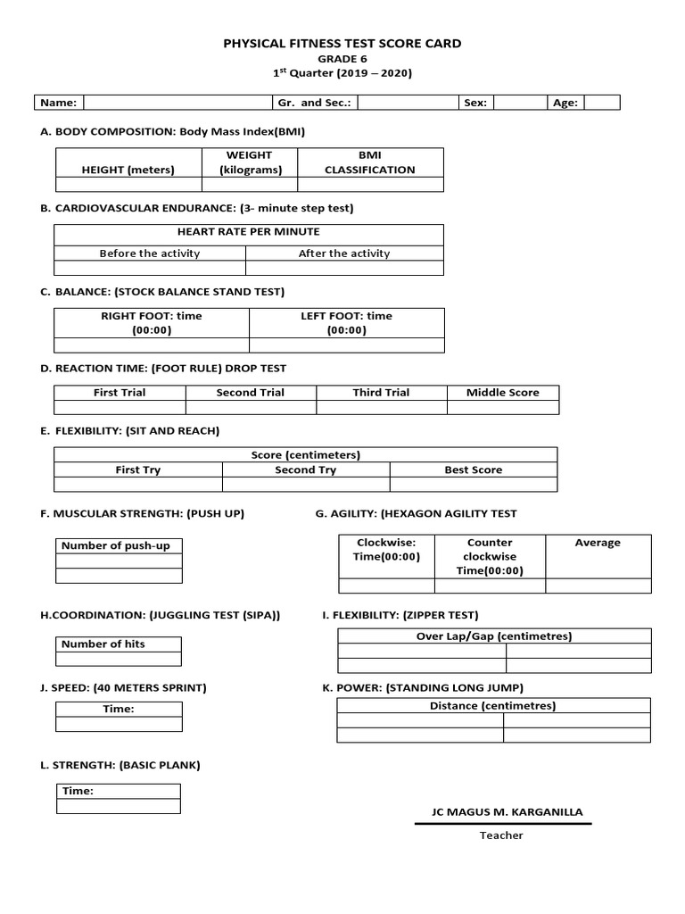 Physical Fitness Test Score Card | PDF