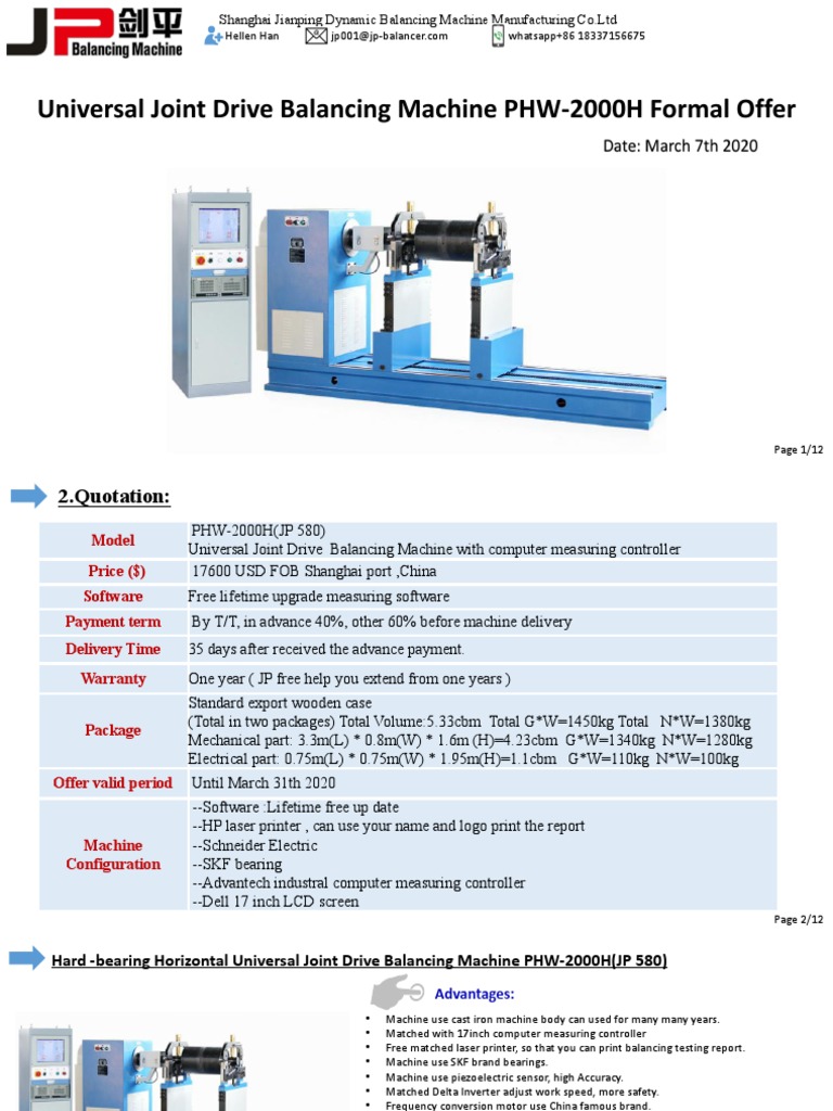 PHW-2000H Universal Joint Drive Balancing Machine PDF | PDF | Electric ...
