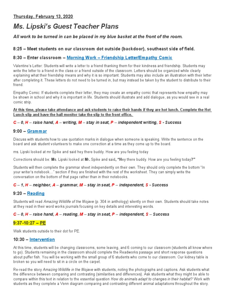 Sub Plans 2 | PDF | Classroom