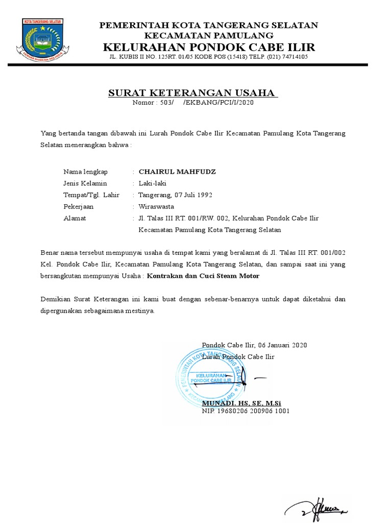 Surat Keterangan Usaha Pondok Cabe Ilir | PDF