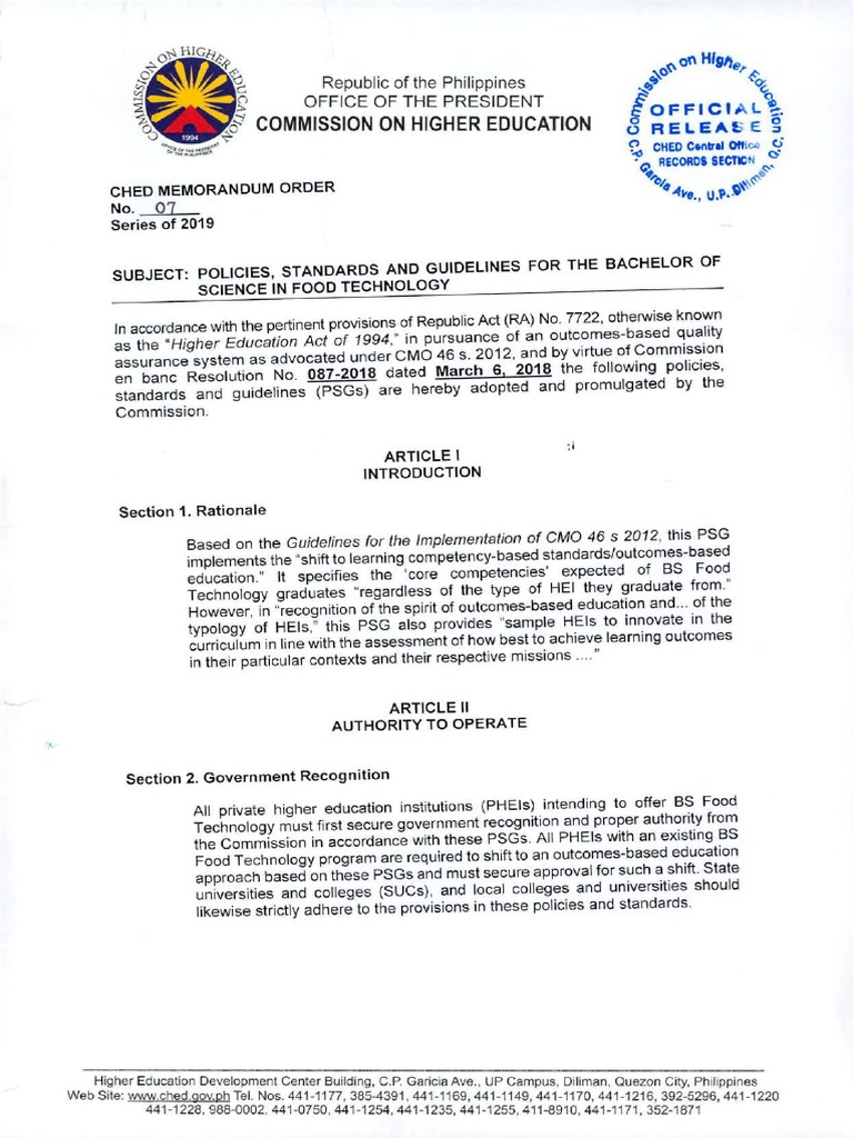 CMO 07 S. 2019 Policies Standards and Guidelines For BS Food Technology ...