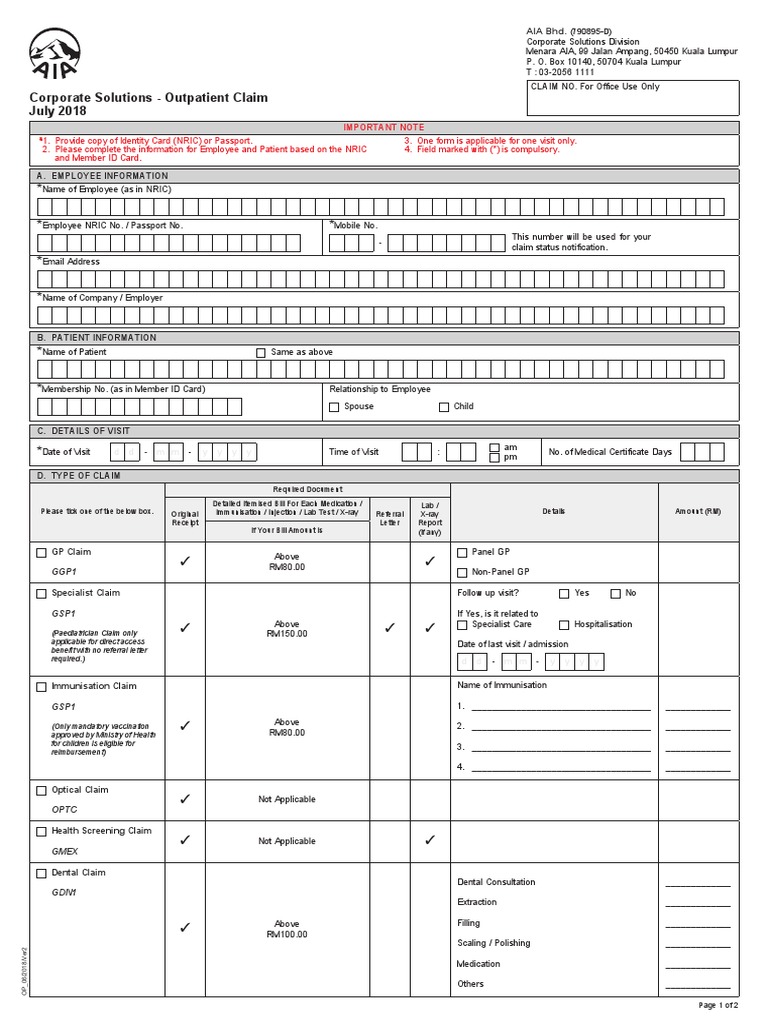 Corporate Solutions Member Outpatient Claim Form (July2018) | Download ...