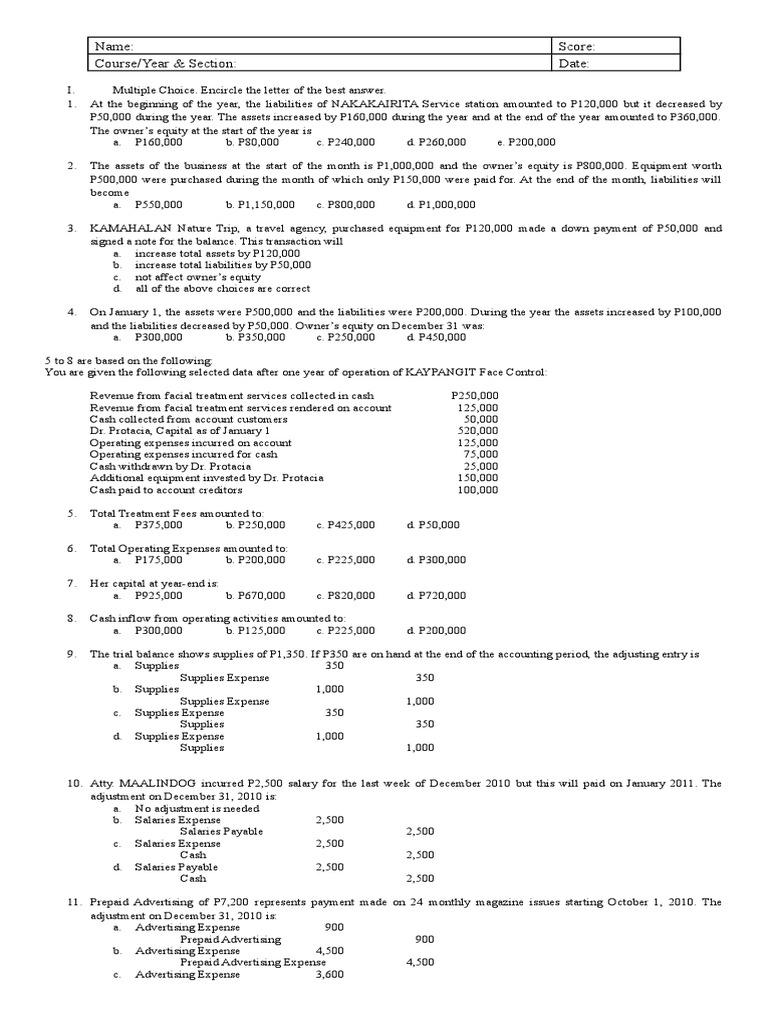 Accounting Principles Exam with Multiple Choice Questions, Journal ...
