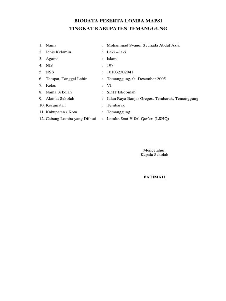 Biodata Peserta Lomba Mapsi | PDF