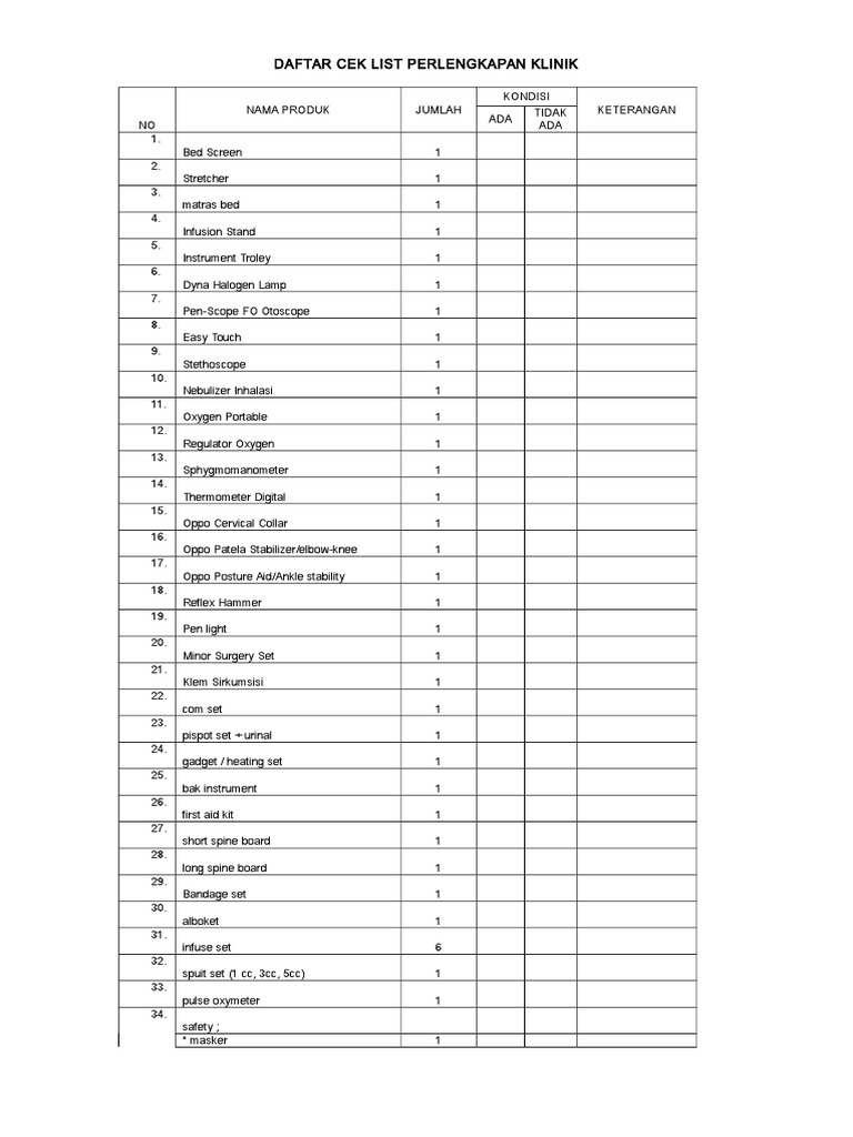 Daftar Cek List Perlengkapan Klinik | PDF | Medical Equipment | Equipment