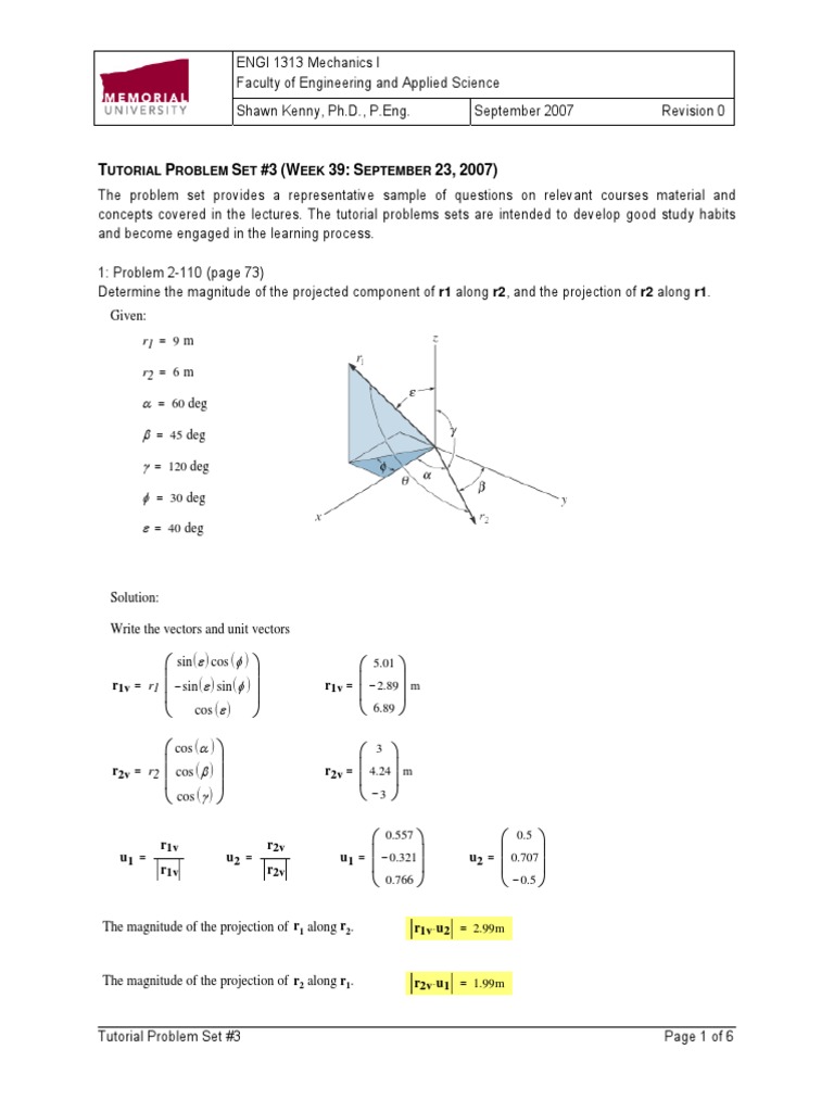 2007F ENGI 1313 Tutorial 03 Solution | PDF | Mechanics | Physics