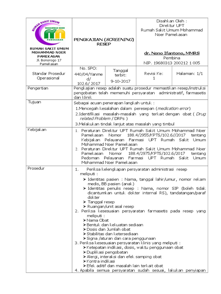 Sop Pengkajian Resep Rsu Mohammad Noer | PDF