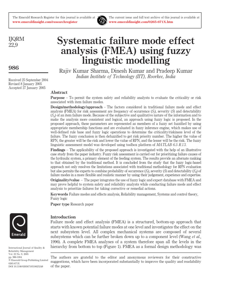 Systematic Failure Mode Effect Analysis (FMEA) Using Fuzzy Linguistic Modelling | PDF | Fuzzy ...