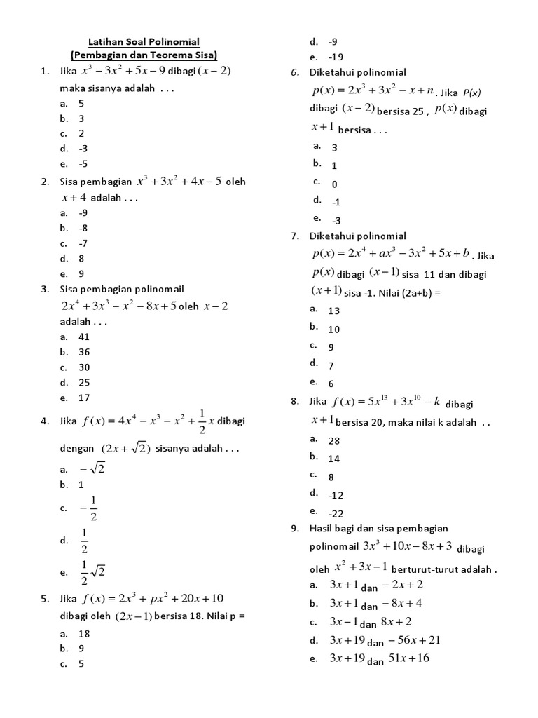Latihan Polinomial Kelas 11 | PDF