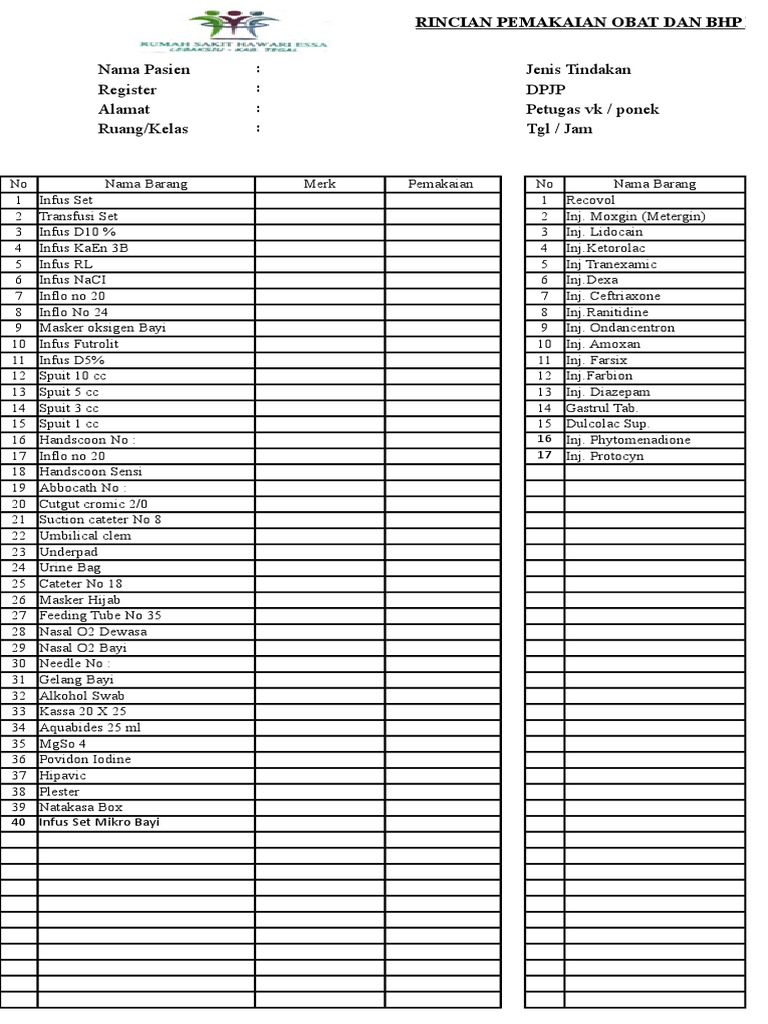 FORM Pemakaian Obat Dan BHP VK | PDF