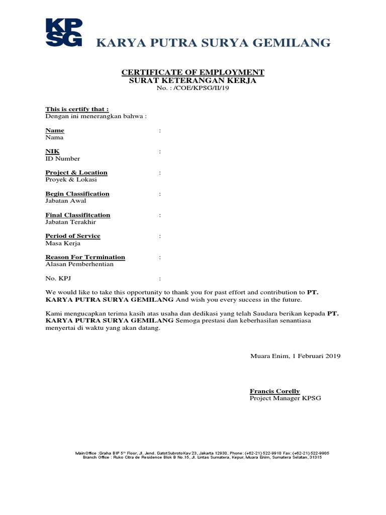 Certificate of Employment KPSG | PDF