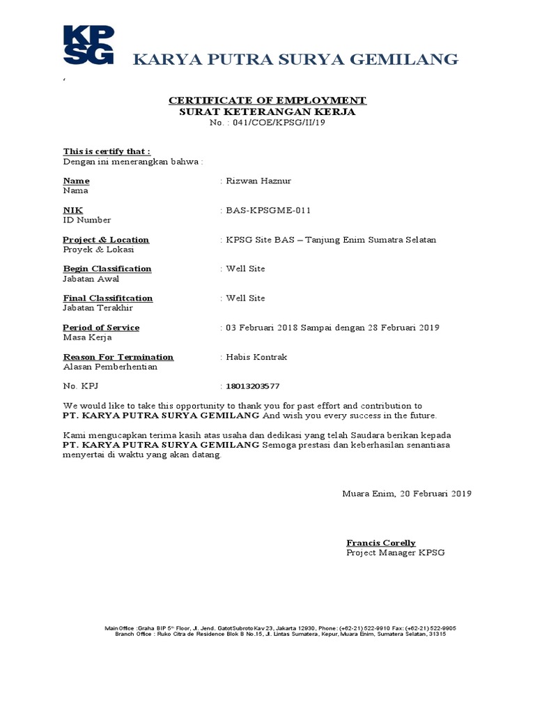 Certificate Of Employment Rizwan Pdf