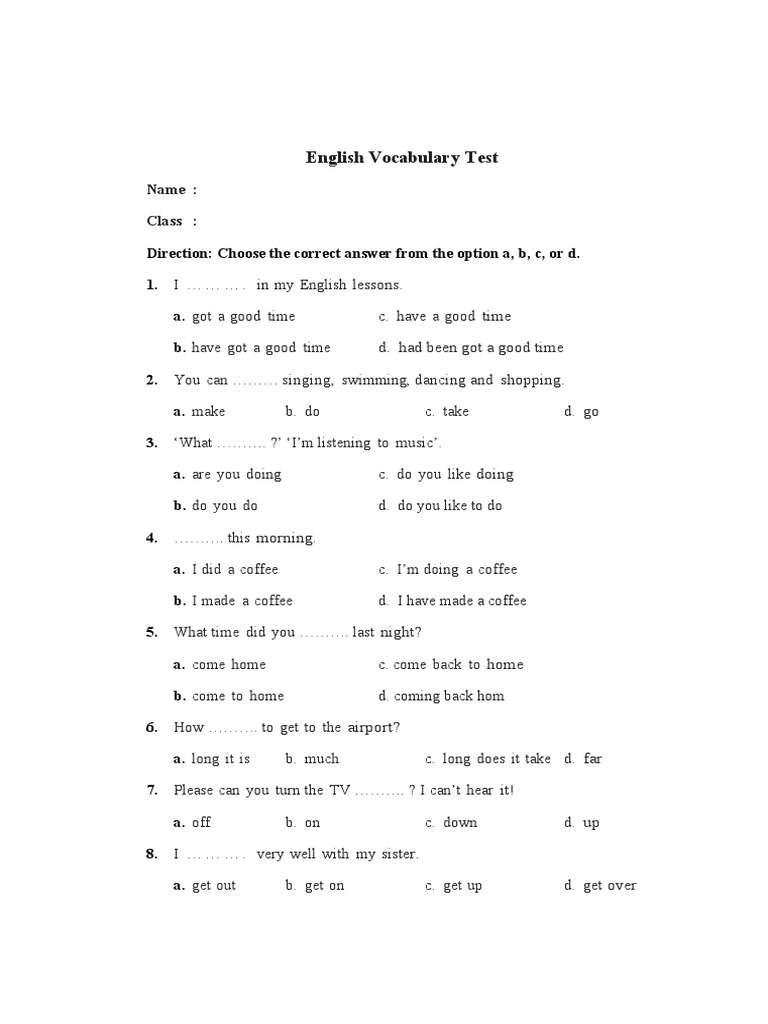 English Vocabulary Tests Vocabulary English Vocabulary
