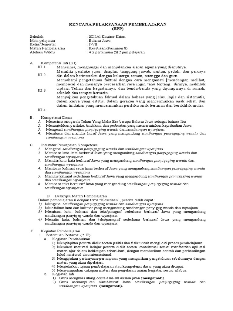 KK13 RPP Bhs Jawa Kls 4 SMT 2 PASINAON 8 | PDF