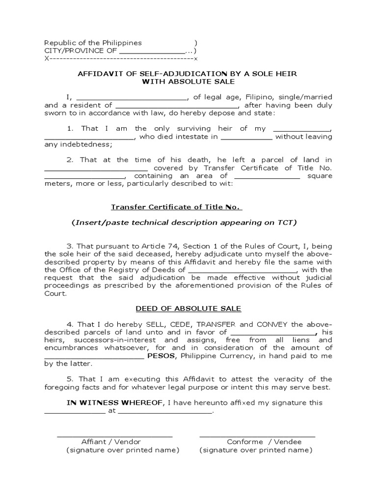 Affidavit of Self-Adjudication With Absolute Sale | PDF | Affidavit ...