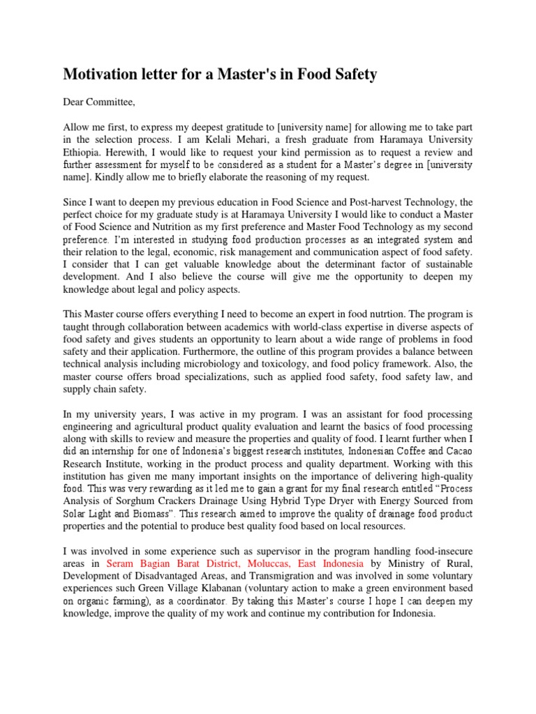 Motivation Letter For A Master | PDF | Master's Degree | Food Safety