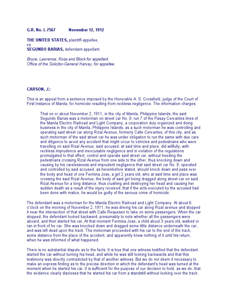 20 US v. Barias, 23 Phil. 434 (1912) | PDF | Negligence | Common Law