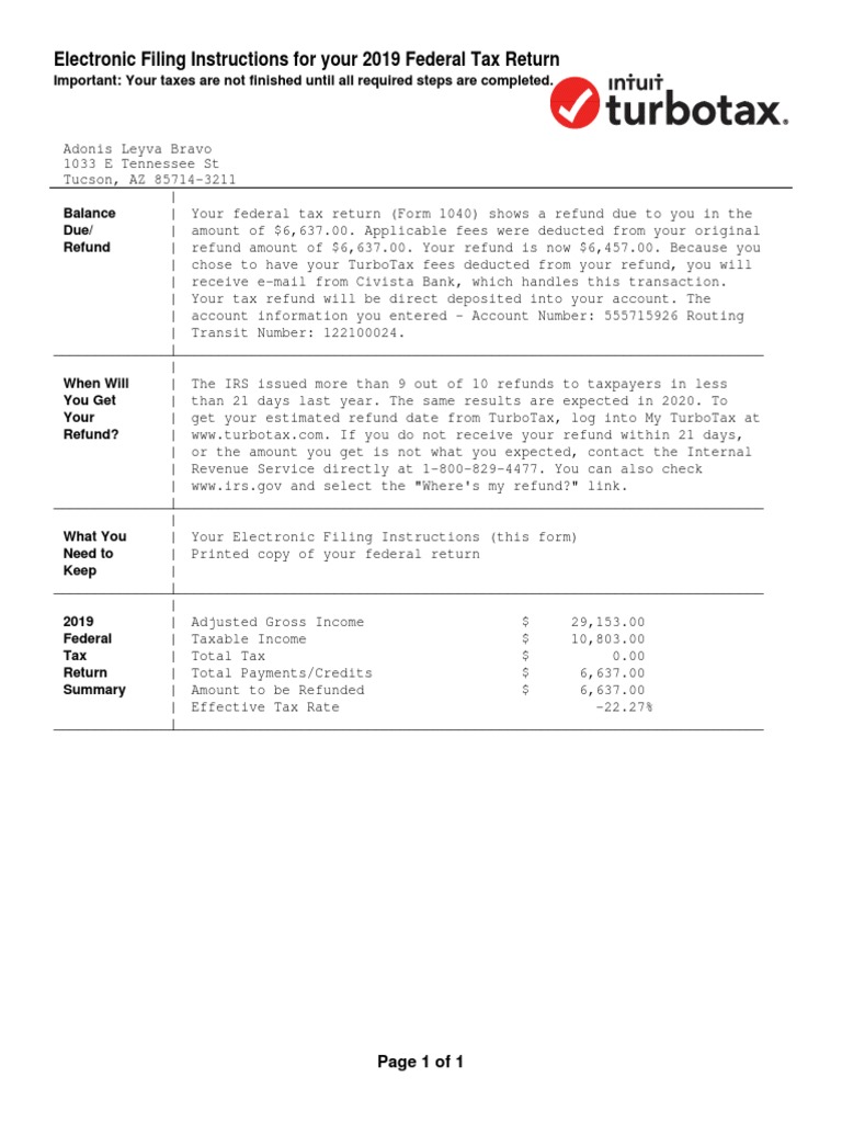 2019 Federal Tax Return Summary | PDF | Tax Refund | Internal Revenue ...