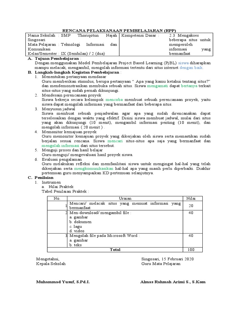 RPP Tik 1 Lembar | PDF