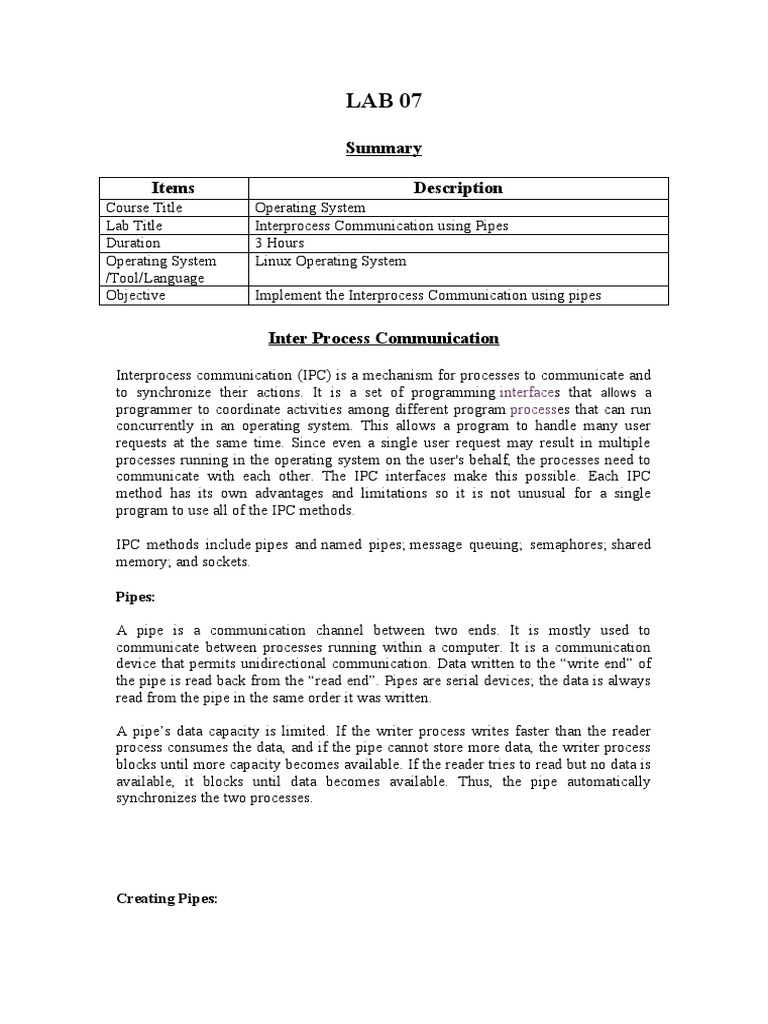 Implementing Interprocess Communication Using Pipes A Lab Report On Computing Factorials And 5060