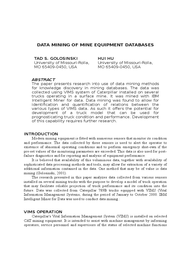 Data Mining VIMS Data For Information On Truck Condition. | PDF ...