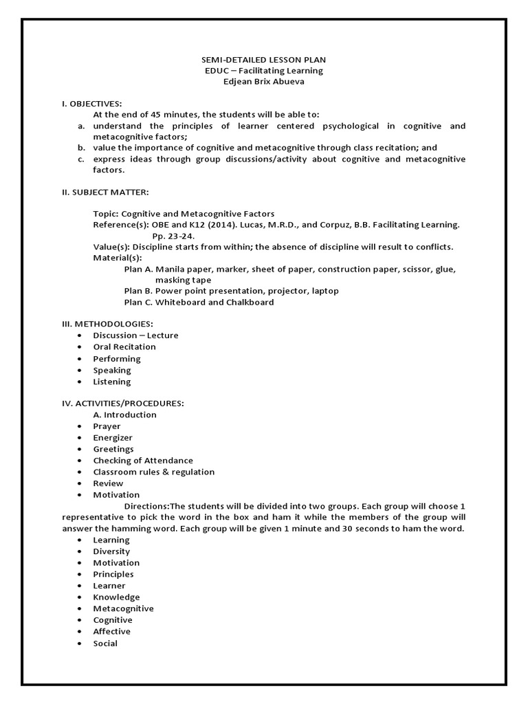 SEMI-DETAILED LESSON PLAN EDUC Facilitat | PDF | Metacognition | Motivation