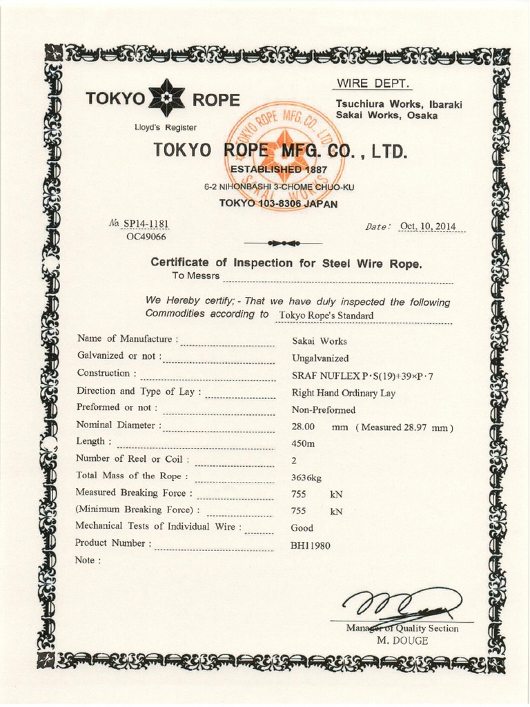 280ton - WIRE ROPE CERTIFICATE | PDF