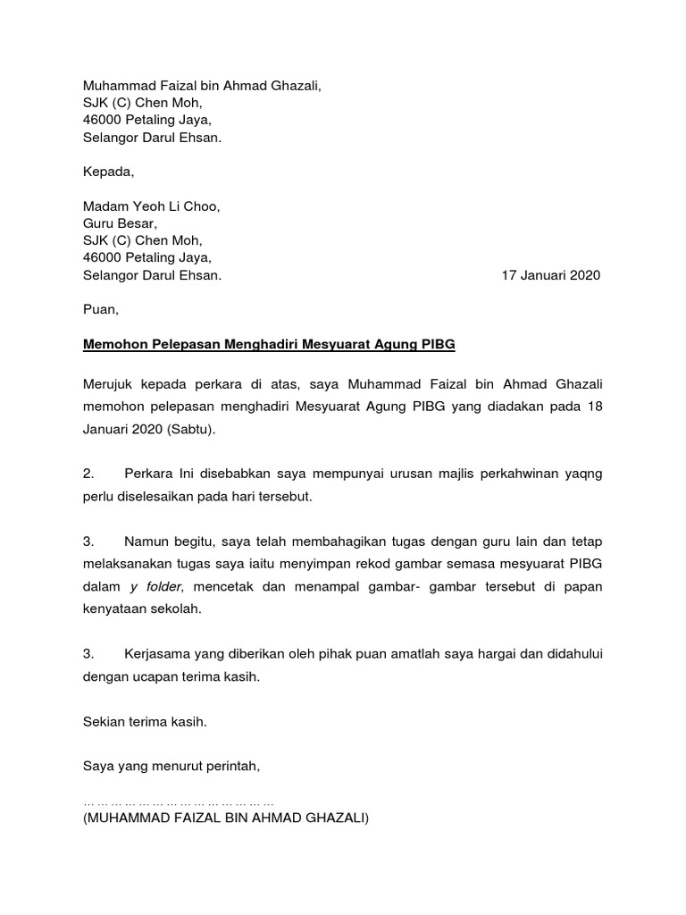 Surat Mohon Pelepasan Mes PIBG 2020 | PDF