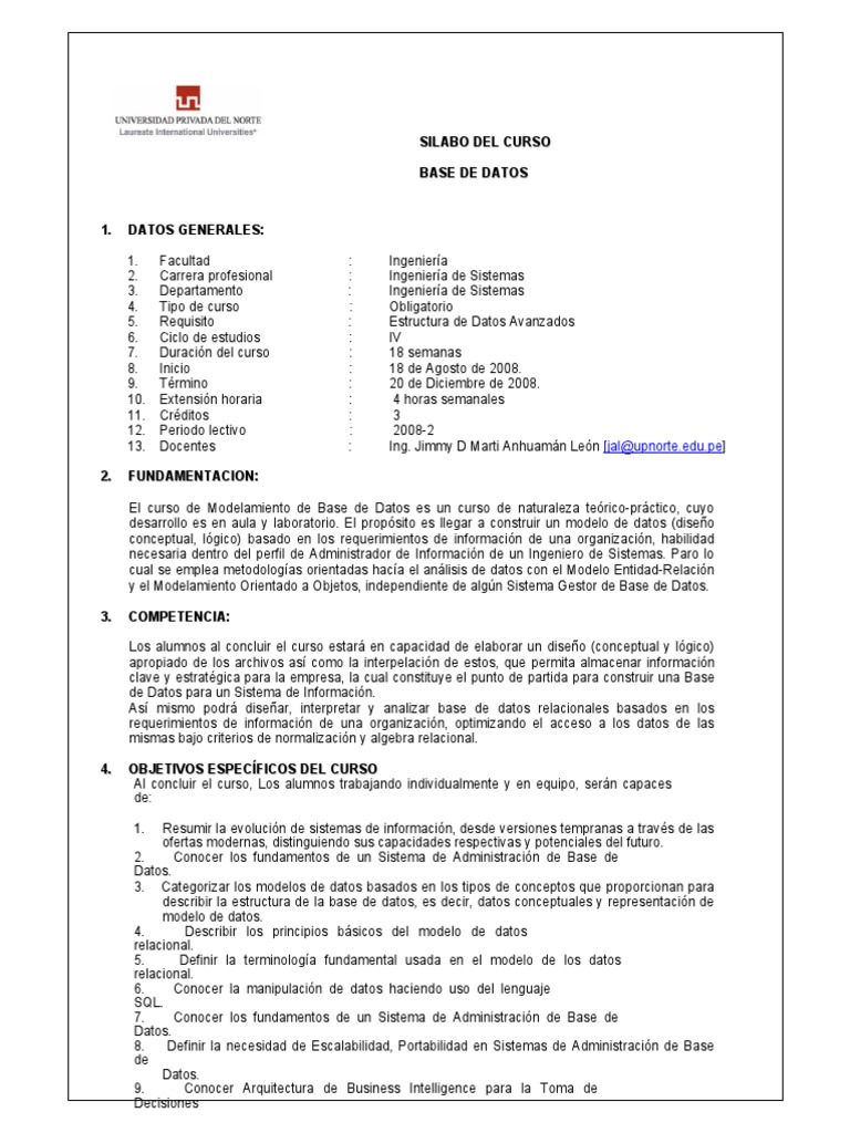 Sílabo de Base de Datos | PDF | Base de datos relacional | SQL