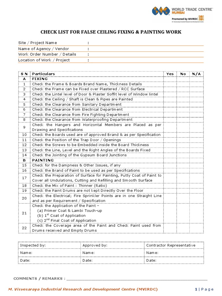 Checklist For False Ceiling Work | PDF | Paint | Building Materials