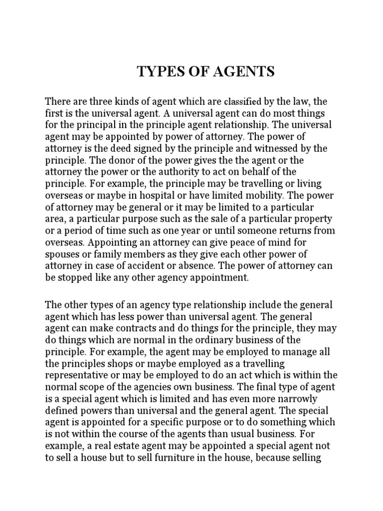 Types of Agents | PDF | Law Of Agency | Power Of Attorney