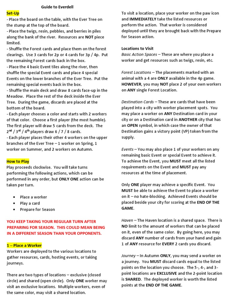 Everdell Guide - 2 Pages v1.02 | PDF | Ephemera | Gaming Devices
