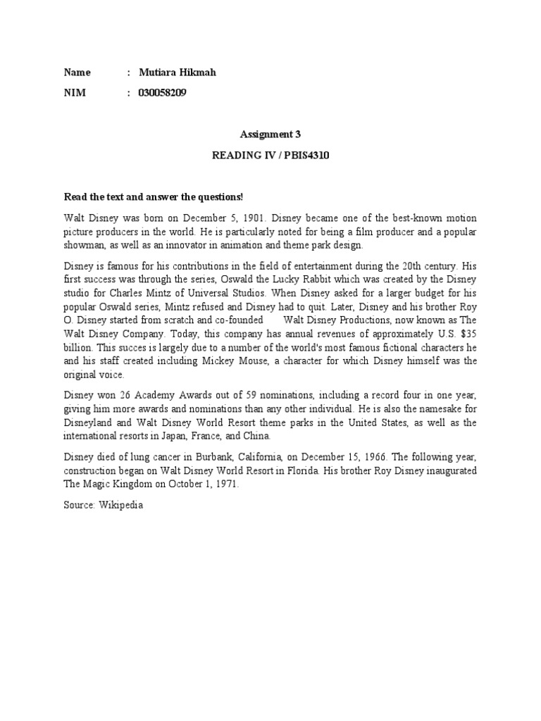 Assignment 3 Reading by Mutiara | Download Free PDF | The Walt Disney ...