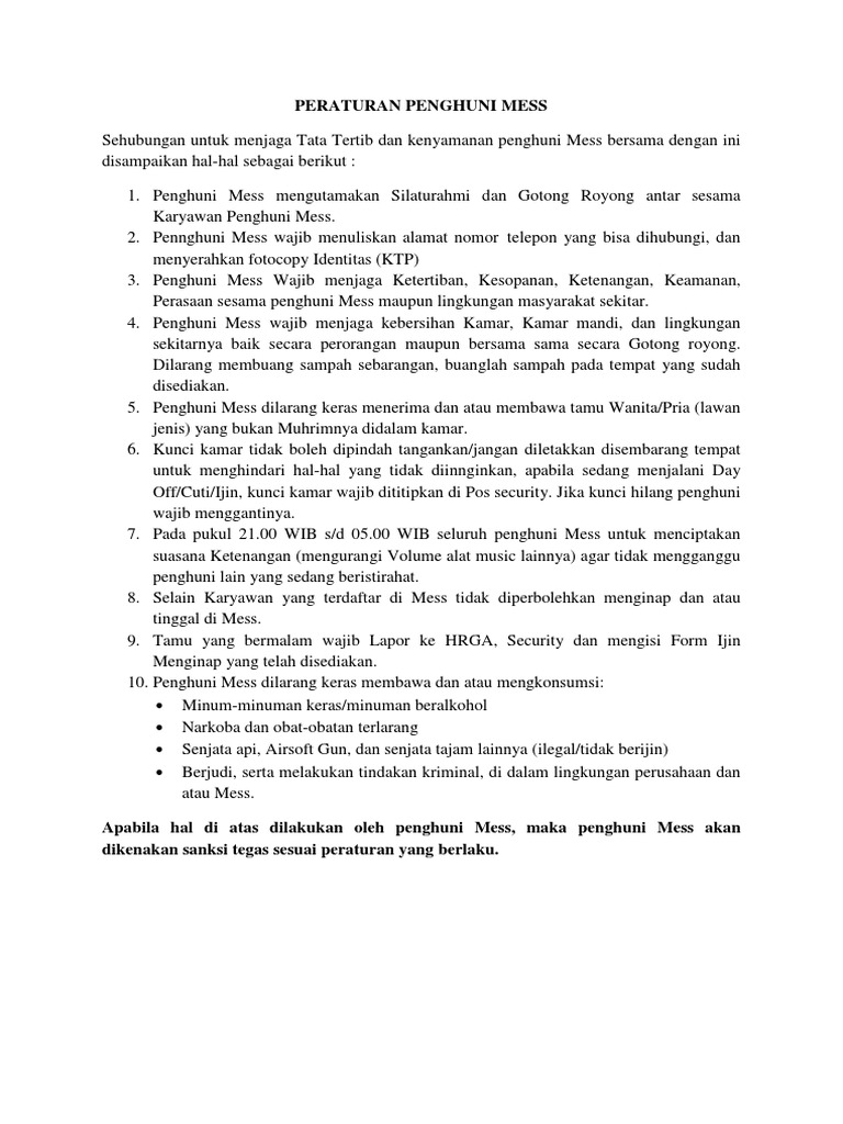 Peraturan Penghuni Mess | PDF