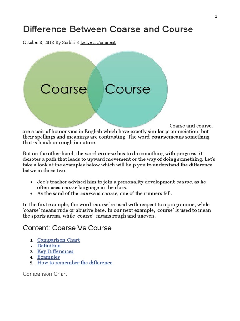 Difference Between Coarse & Course | PDF | Word | Noun